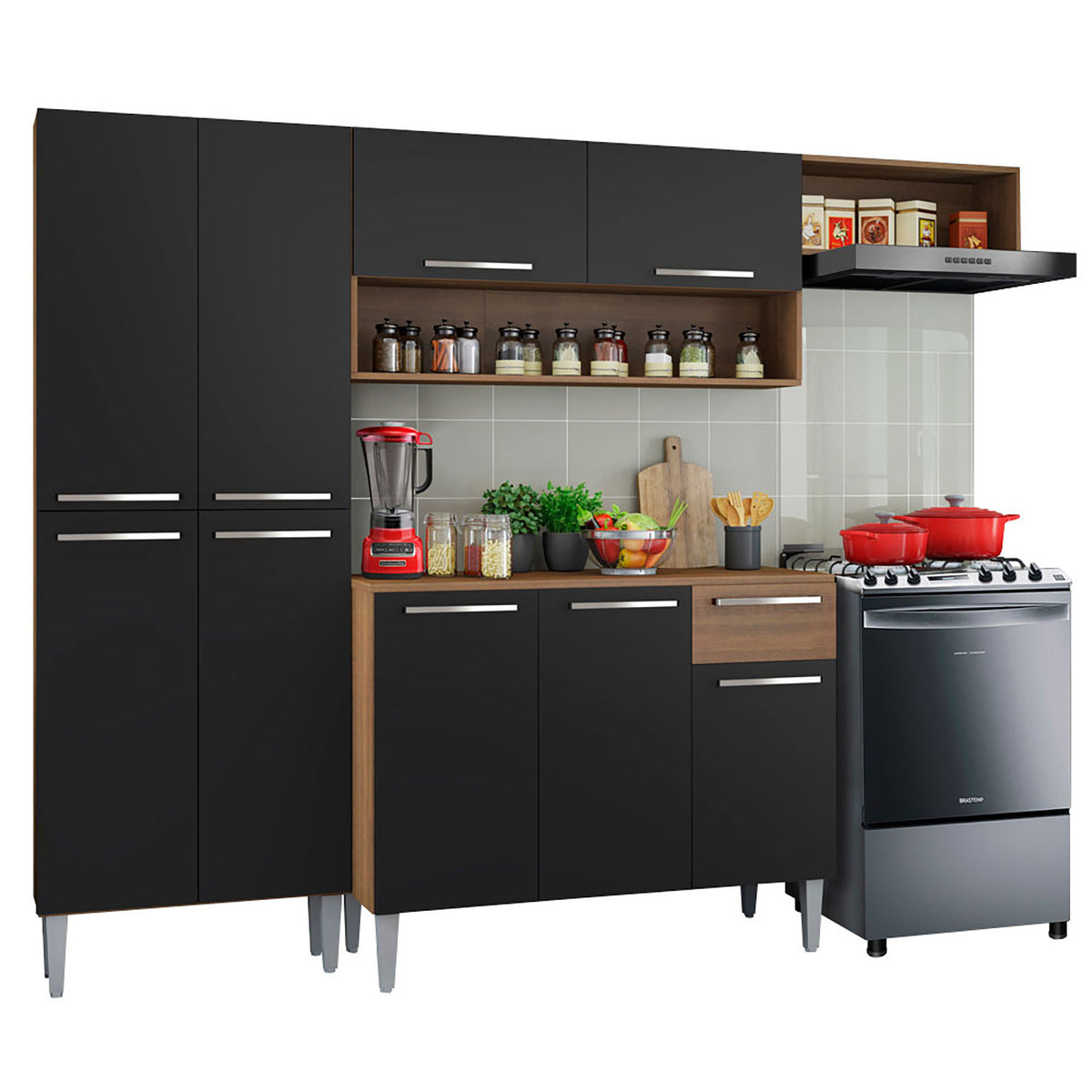 Cocina Integral Emilly Top Marron y Negro 229x186cm con Mesón de Mader ...